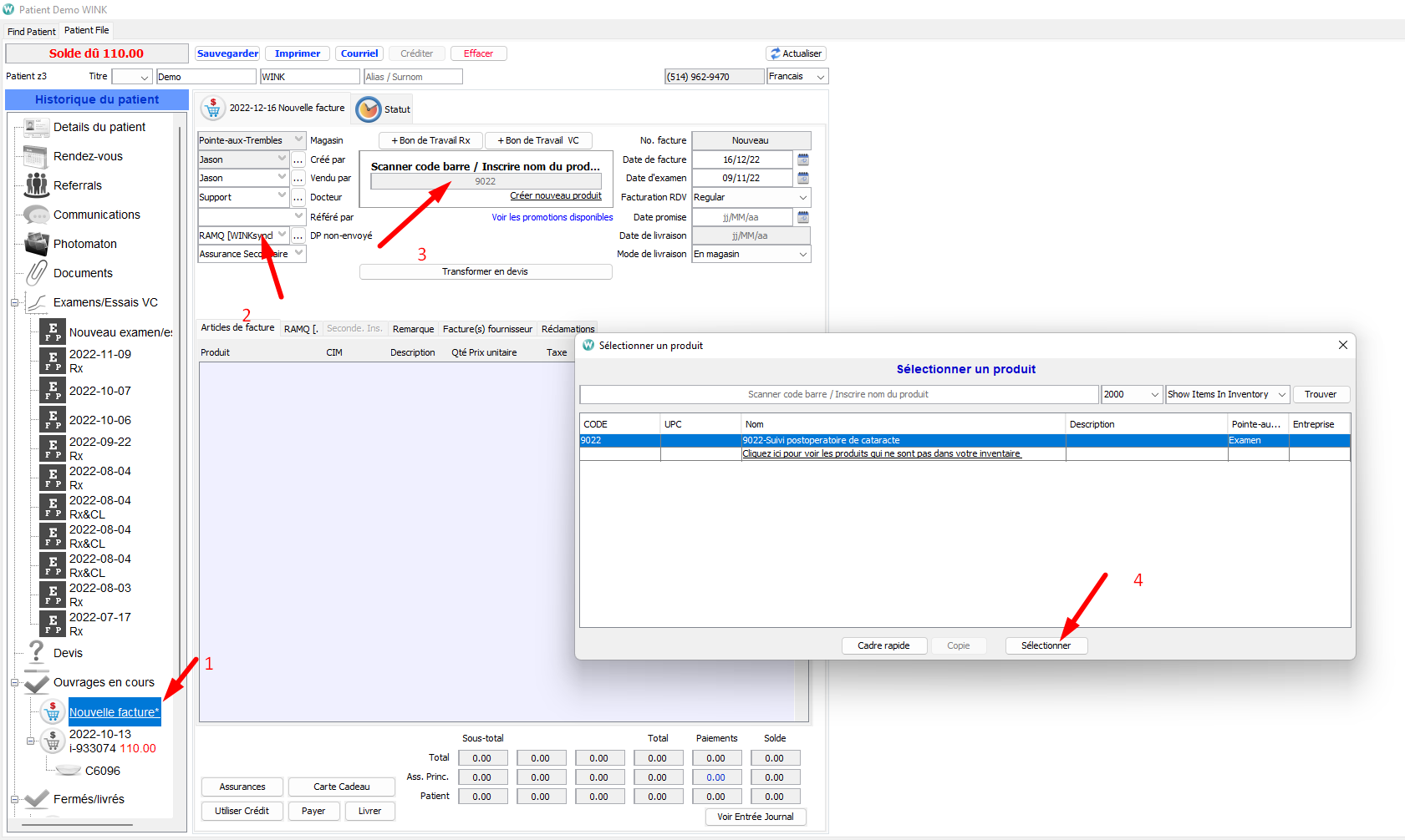 Envoi réclamation RAMQ pour Examen avec référence 9022 – WINK