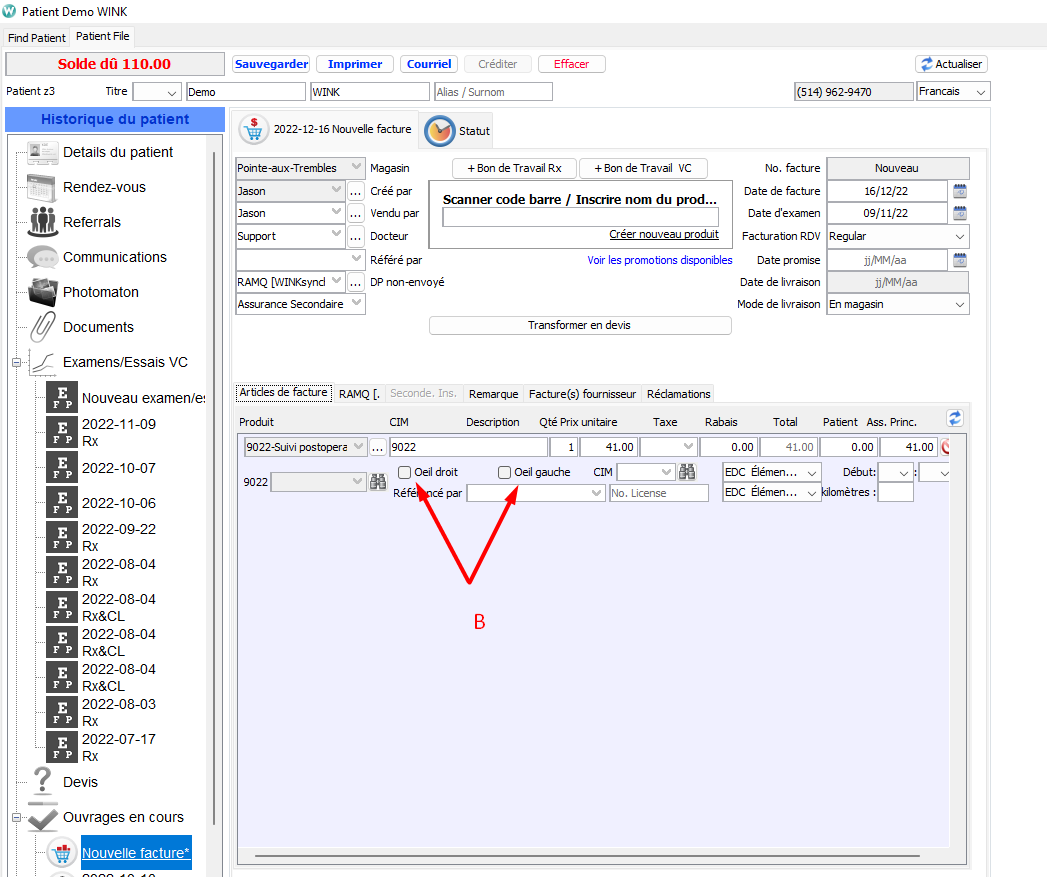Envoi réclamation RAMQ pour Examen avec référence 9022 – WINK